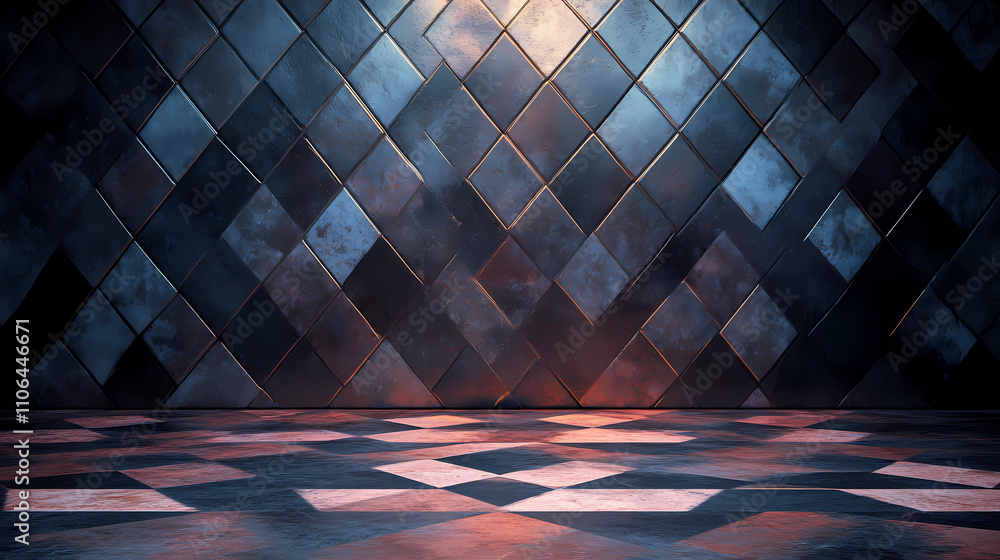 Shimmering obsidian wall with 3d triangular tiles light dancing across ...
