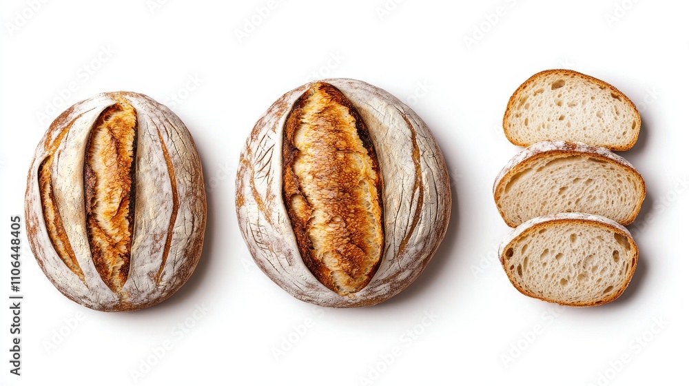 Thick-crusted rustic white bread, whole and sliced views side by side ...