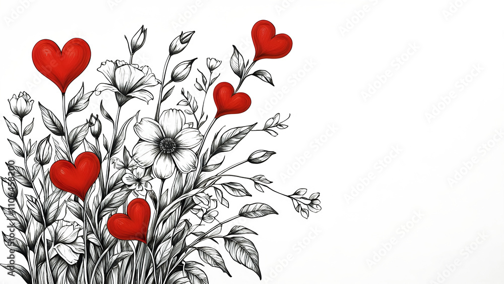 pencil drawing of a bouquet of heart growing in flowers and leaves ...