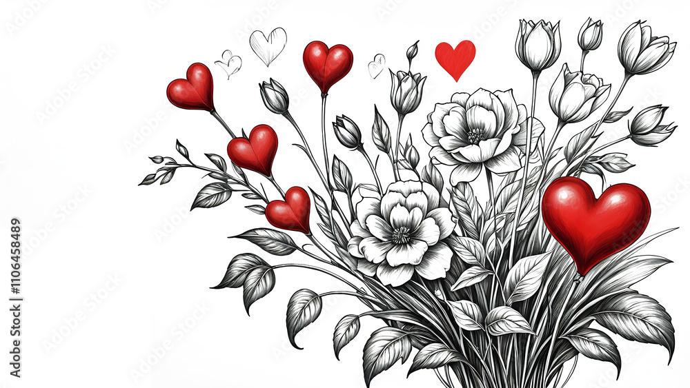 pencil drawing of a bouquet of heart growing in flowers and leaves ...