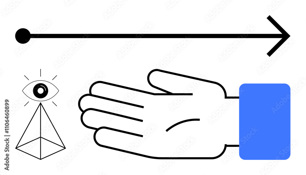 Outstretched hand, directional arrow pointing right, and eye in a ...
