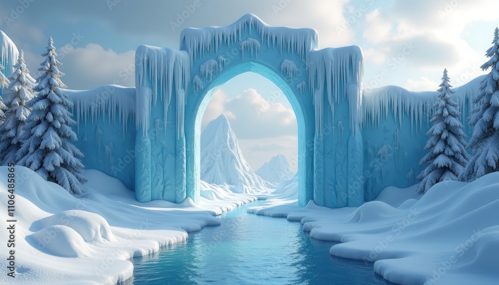 Ice castle entrance adorned with frosted arches and icy sculptures ...