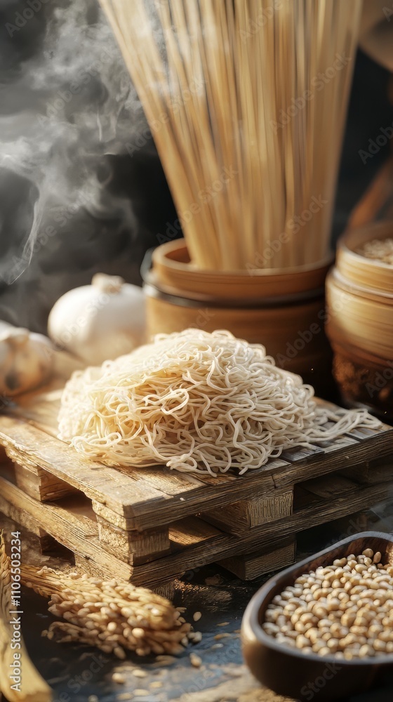Wooden pallets fresh noodles and grain. chinese food. Ultra realistic ...