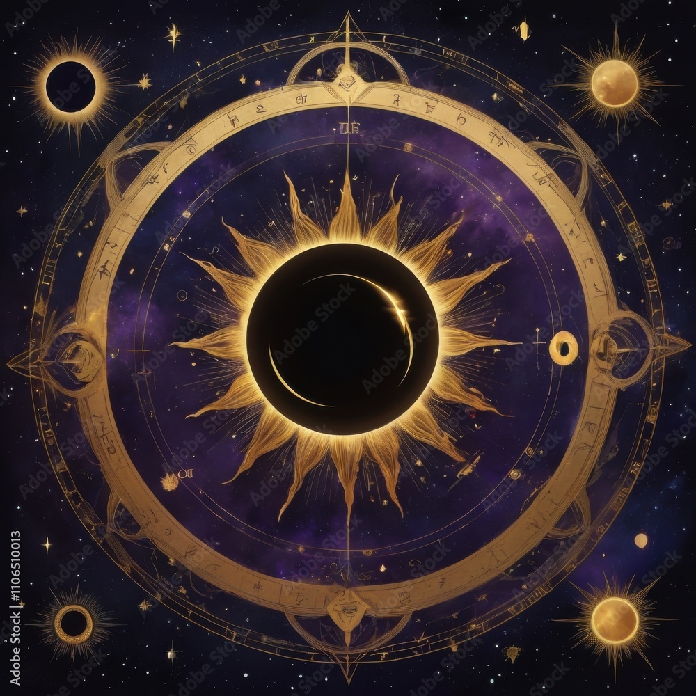 Celestial chart depicting various phases of an eclipse with ornate ...