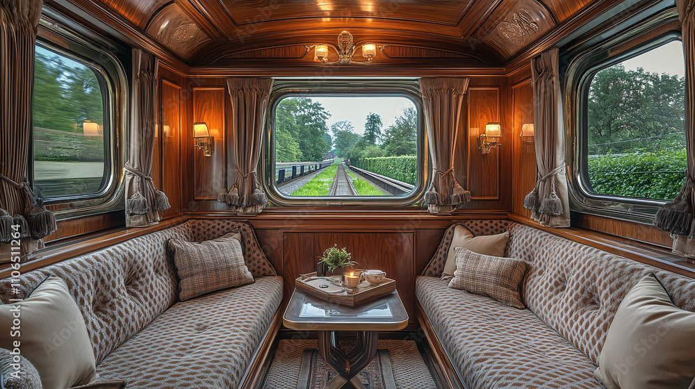 Vintage train interior, old wooden carriage, retro railway transport ...