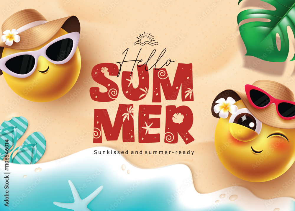 Hello summer emoji clipart design. Summer greeting text with cute emoji ...