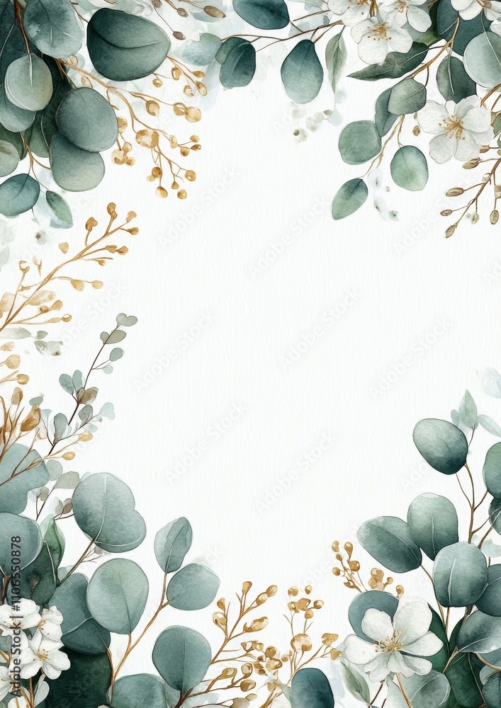 Watercolor floral border frame with eucalyptus leaves, white flowers ...