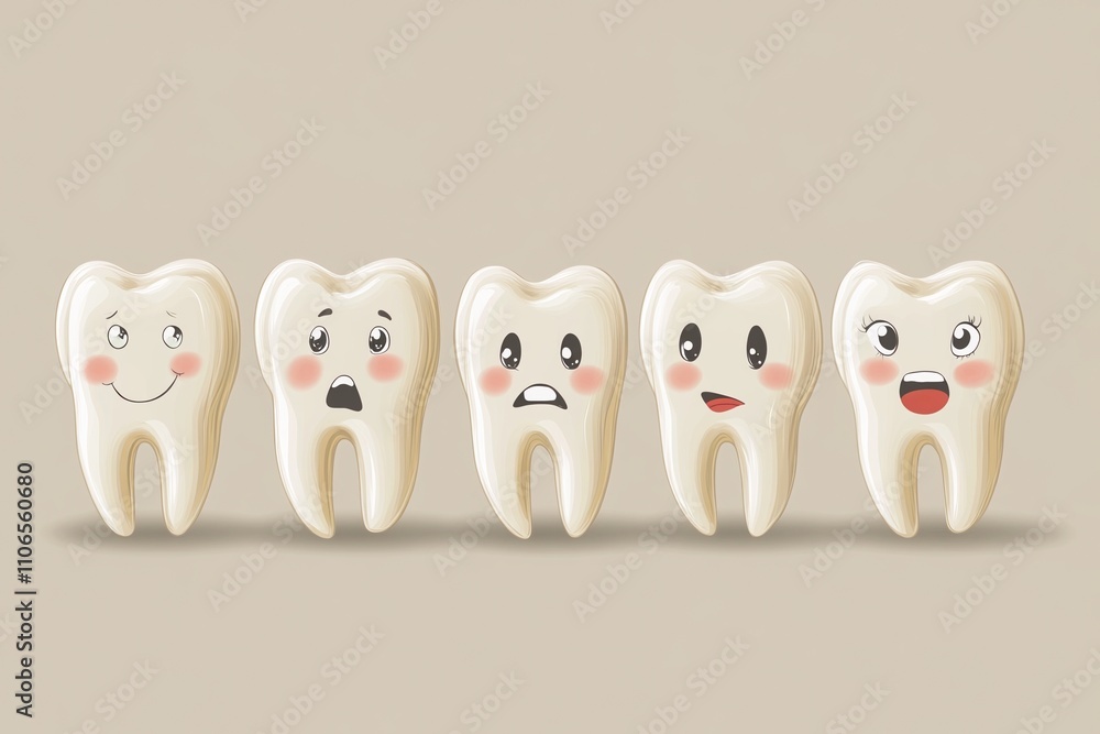 Stages of tooth eruption illustrated with expressive cartoon teeth ...