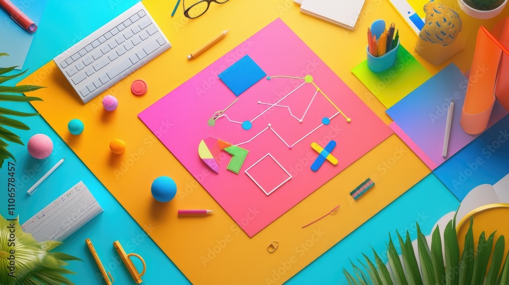 Top view of a vibrant, 3D-rendered design thinking flowchart on a desk ...