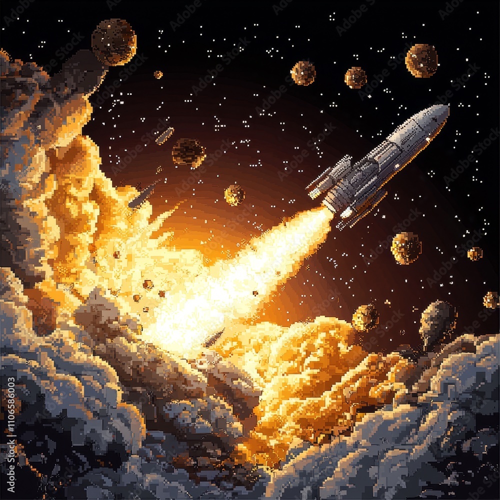 Pixel art spaceship cruising through a radiant star field digital ...