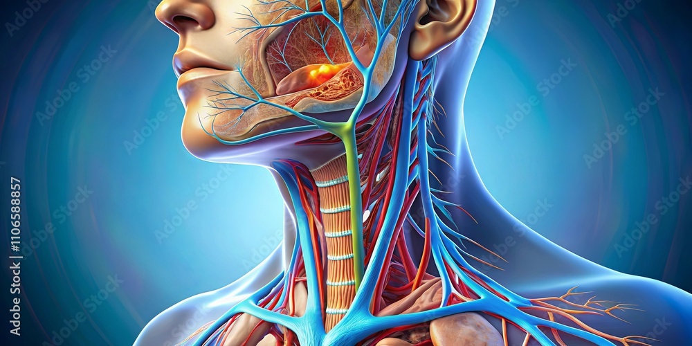 A Detailed Anatomical Illustration of the Human Neck, Featuring a Cross ...