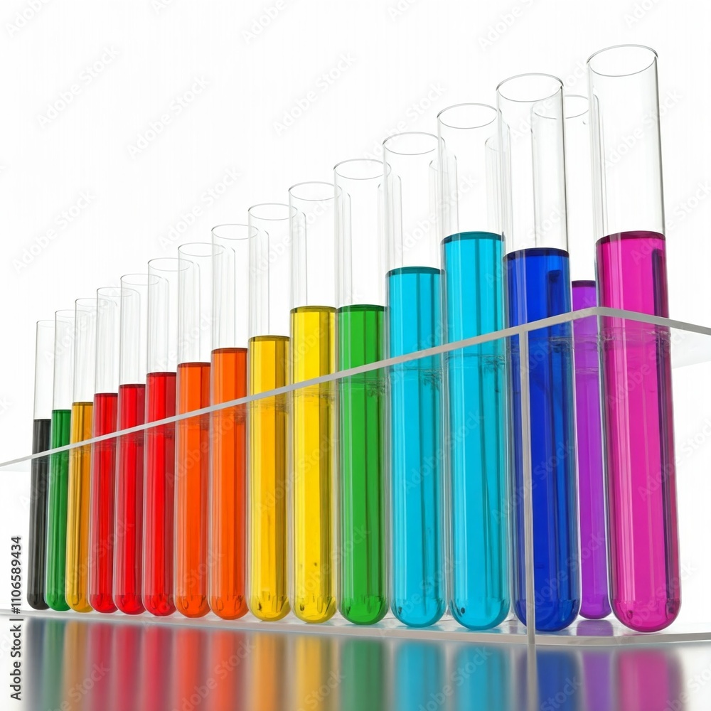 Multiple glass test tubes containing liquids of various colors placed ...