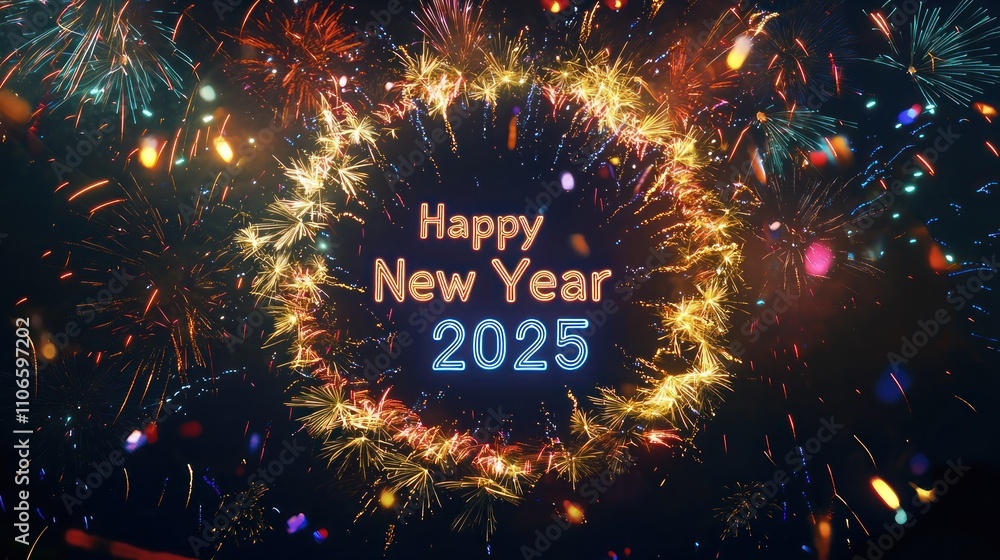 Fireworks bursting in a circular pattern to reveal "Happy New Year 2025 ...