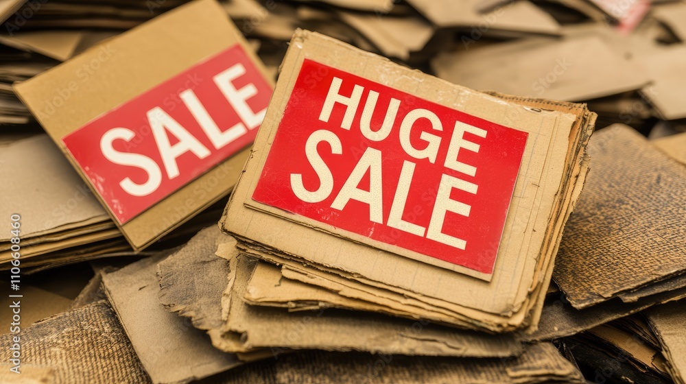 Eye-Catching Red Sale Sign on Stacked Cardboard Promotion Cards Stock ...