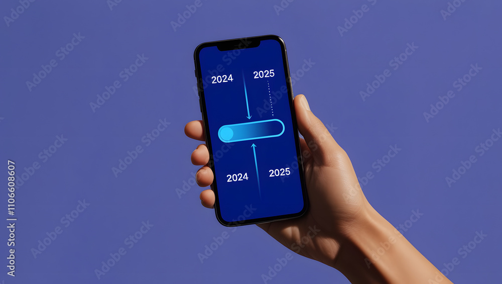 New Year 2025, phone, smartphone, hand, blue screen, 2025, progress bar ...