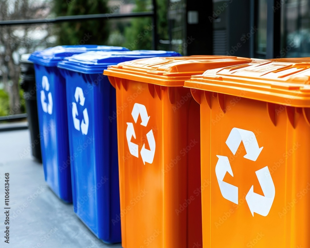 Colorful recycling bins lined up, showcasing sustainable waste management with clear recycling ...