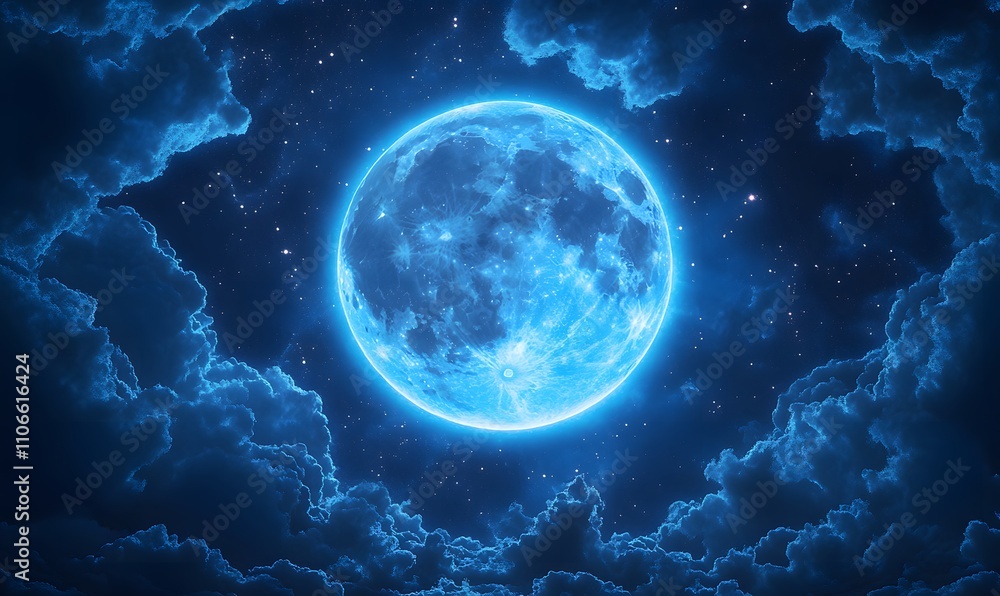 The blue supermoon with a deep blue halo, surrounded by subtle star ...