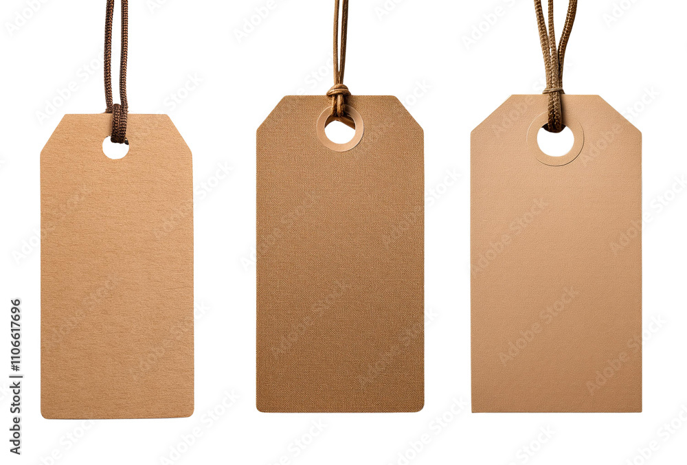 Three blank brown price tags on strings with a white background for ...