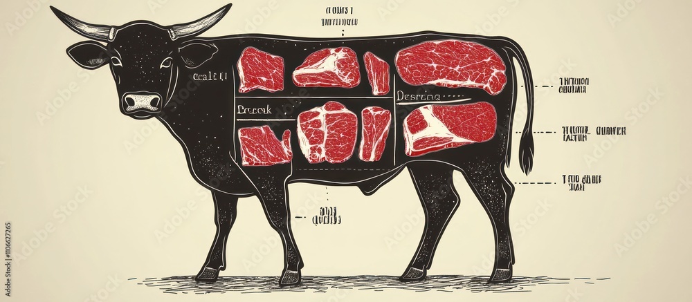 Illustrative diagram of different beef cuts labeled on a cow silhouette ...