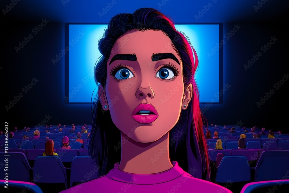 A pixel art cinema scene with tiny characters in rows of seats ...