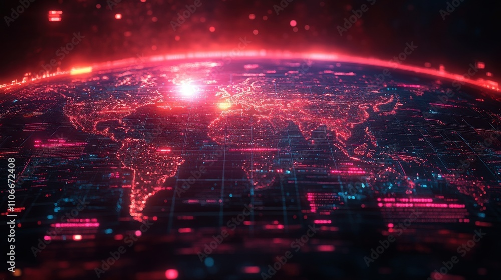 Futuristic View of Earth from Space with Neon Lights Highlighting Major ...