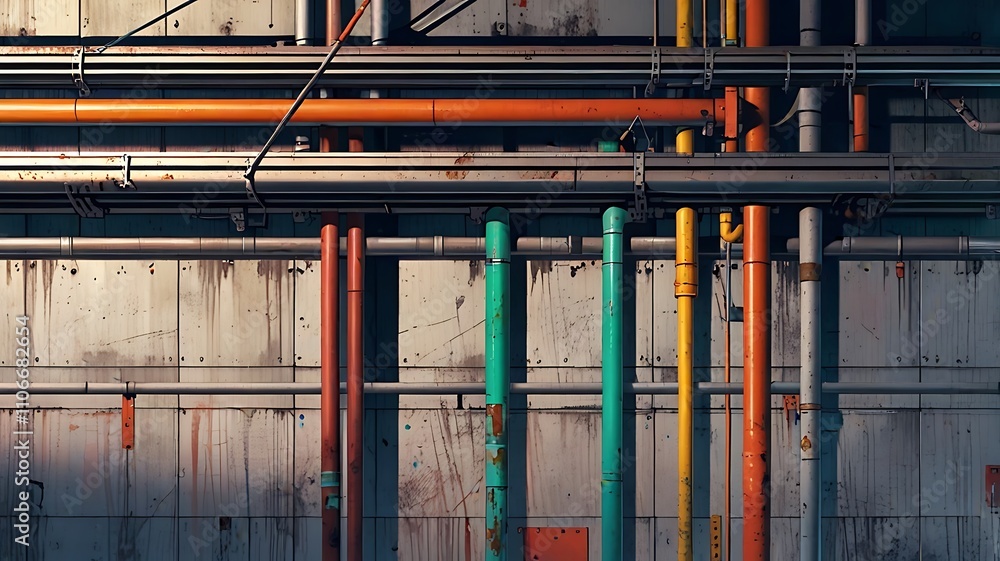 Complex network of exposed pipes and colorful electrical wires running ...