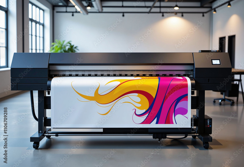 Large format printer producing vibrant and colorful prints in a modern workspace, CMYK printer ...