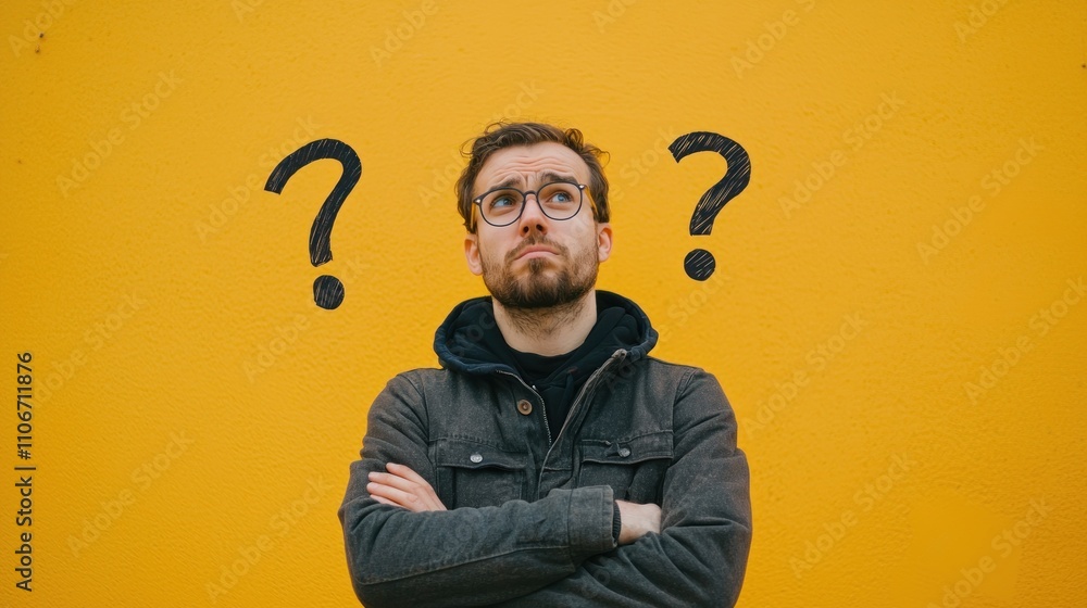 Confused person looking puzzled with scattered thoughts or question ...