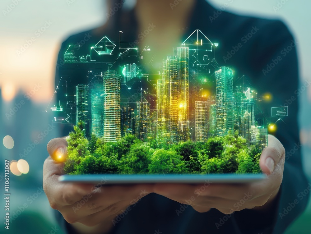 Urban planners analyzing smart city models for green spaces, showcasing ...