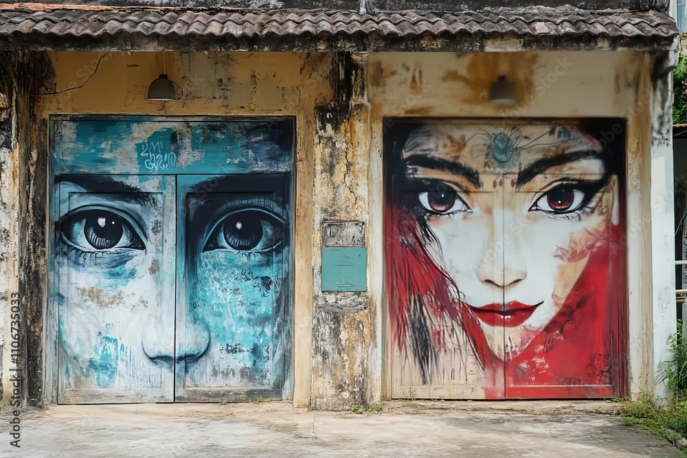 Street Art Portraits: Two captivating mural portraits adorn weathered ...