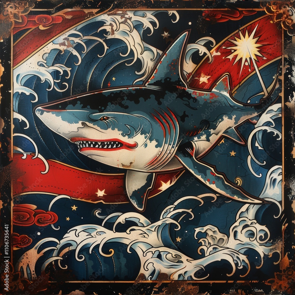 Great White Shark in a Traditional Japanese Wave Art Style, Ocean ...