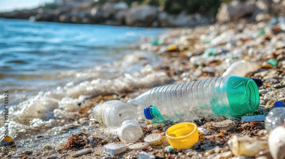 Plastic bottles litter a sandy beach, waves lapping nearby. Image ...