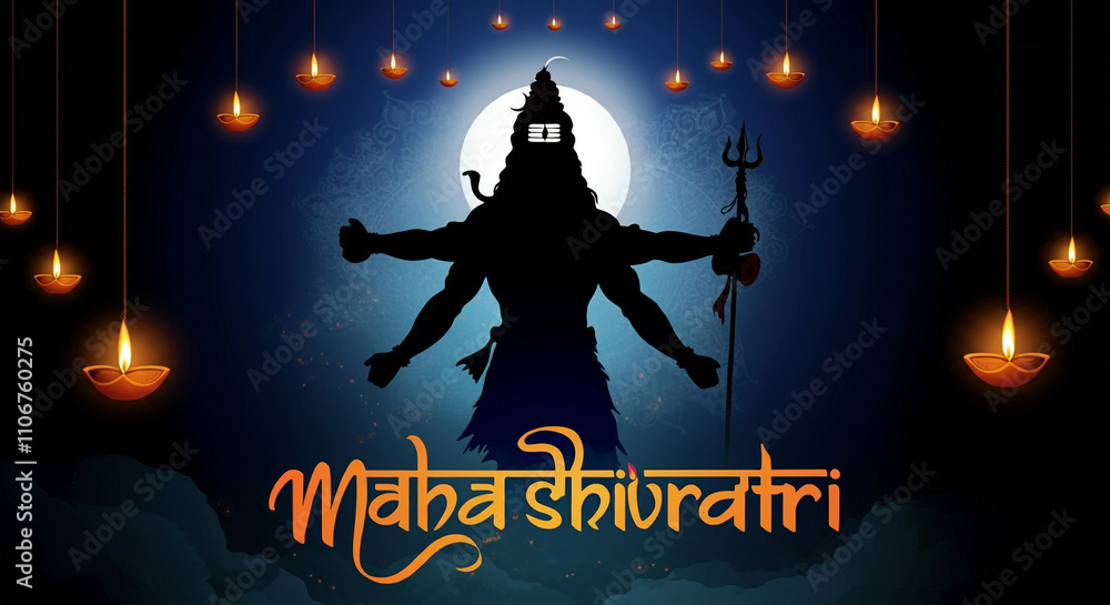A powerful image of Lord Shiva with a Trishul, crescent moon, and glowing lamps, symbolizing ...