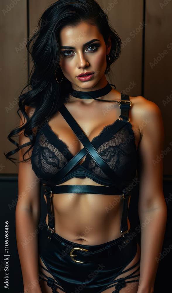 beautiful woman modeling provocative lingerie and leather bondage accessories with a seductive ...