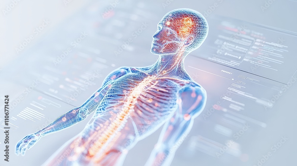 Transparent anatomical illustration of a human body with visible ...