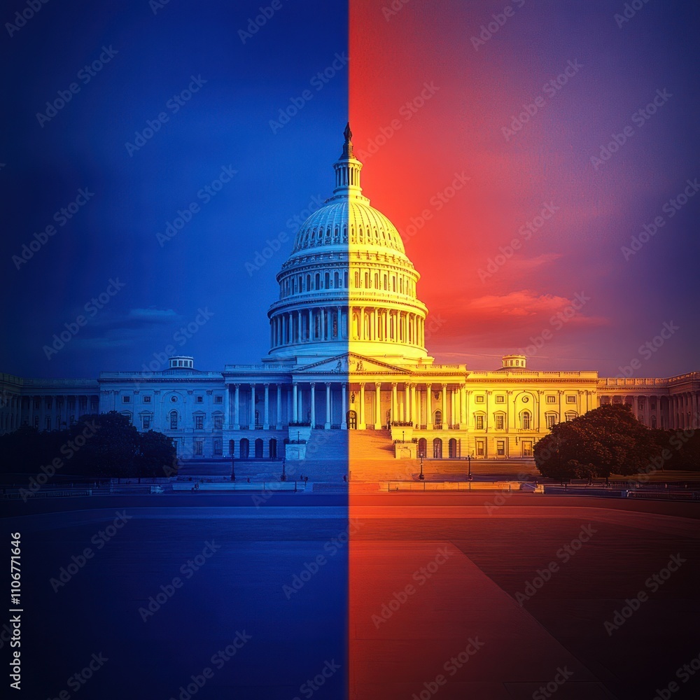 US Capitol Building Split in Red and Blue Gradient Lighting and ...