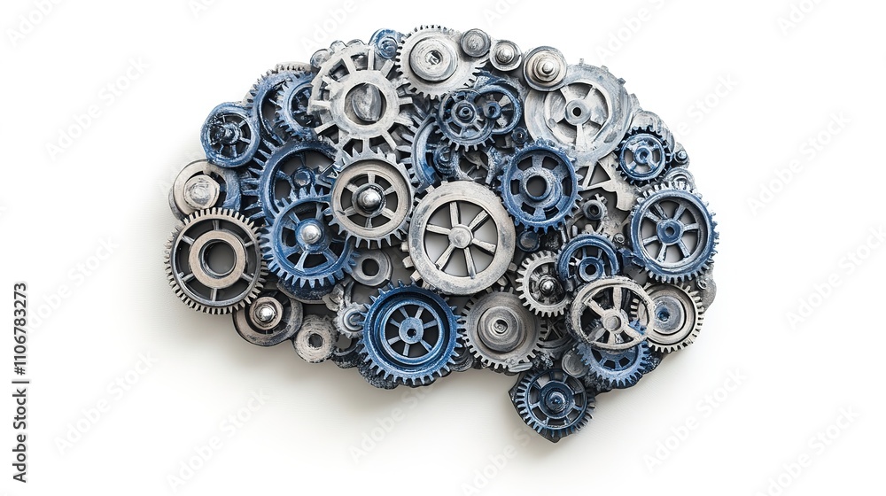 human brain with gears and cogs, floating on a clean white background ...