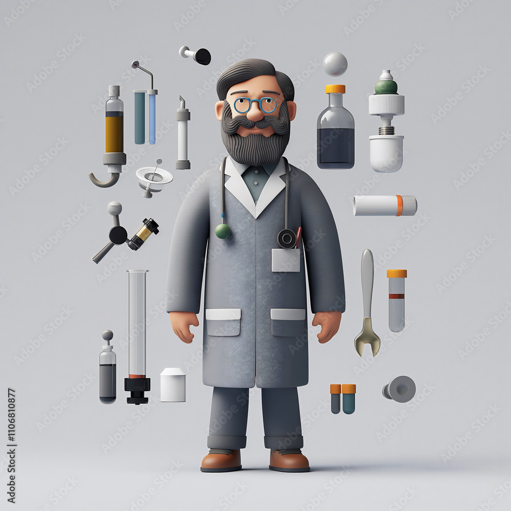 Forensic science instructor character in a minimalist lab coat stands ...