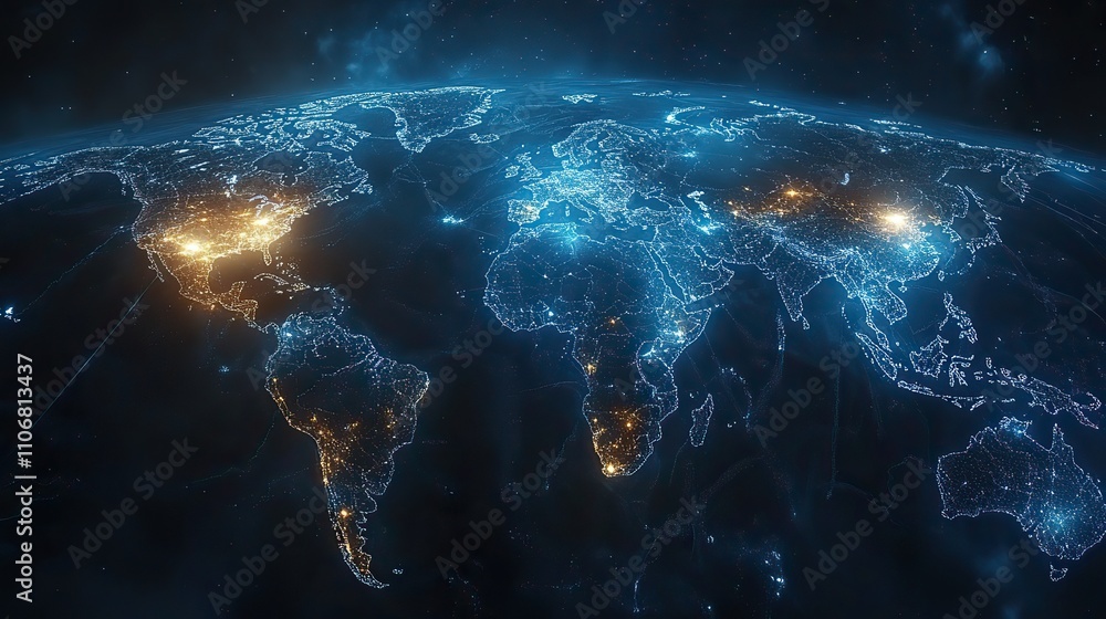 A digital world map shows blue glowing connections between cities ...