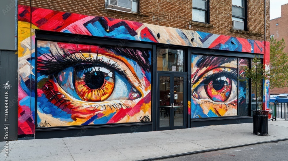 colorful mural of eyes on building wall, intense gaze, urban street art ...