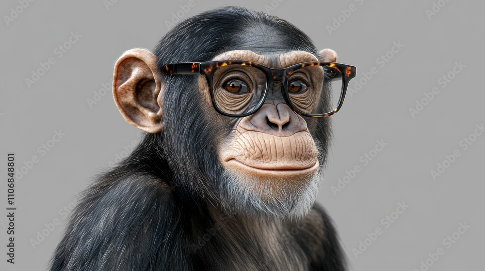 chimpanzee wearing glasses, isolated gray background, curious and ...