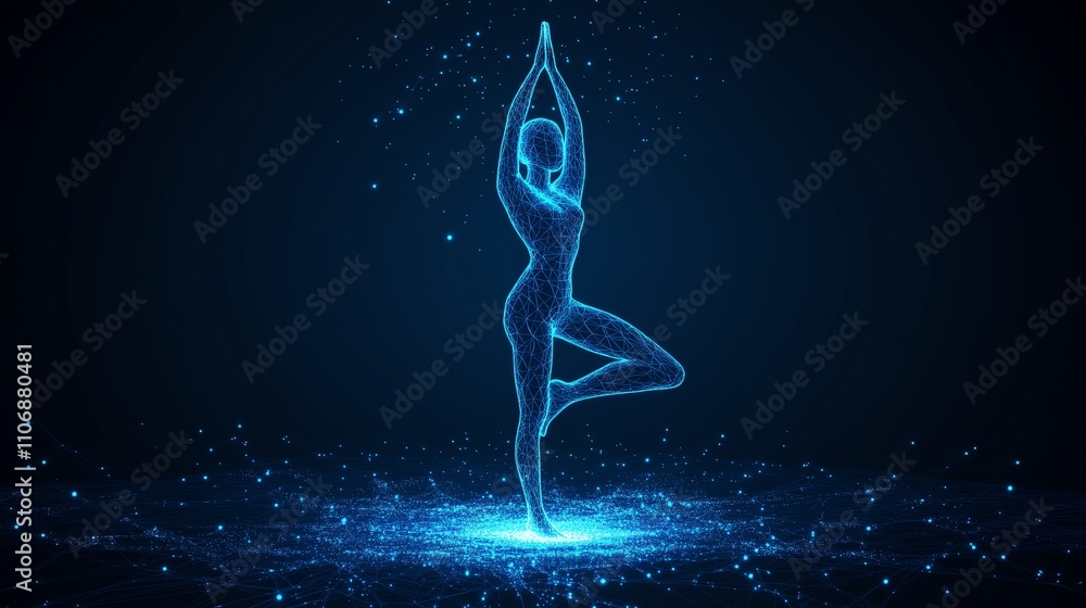 Abstract Yoga Virabhadrasana I Pose with Dark Blue Background ...