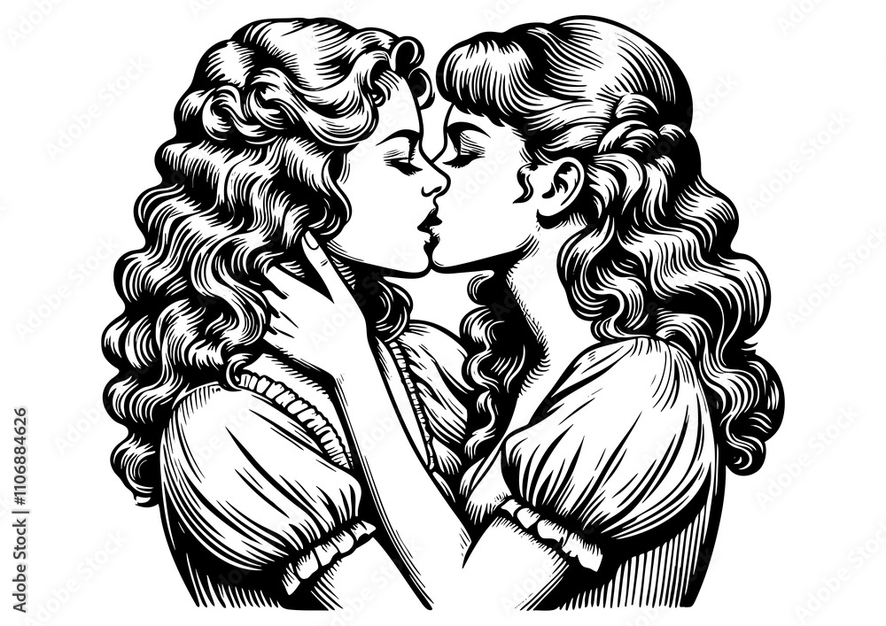 two women in retro fashion, embracing and sharing a kiss, a moment of ...