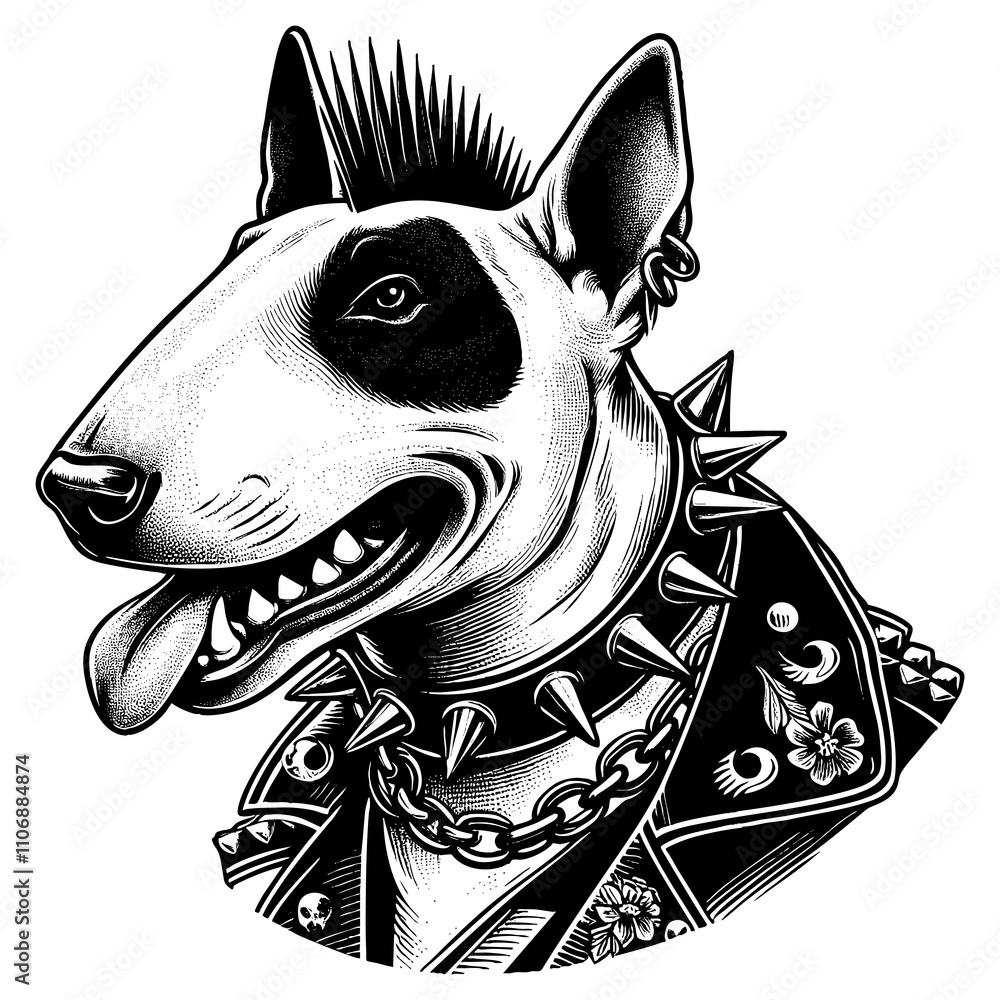 bull terrier dog punk. Mohawk hairstyle, wearing a leather jacket and ...