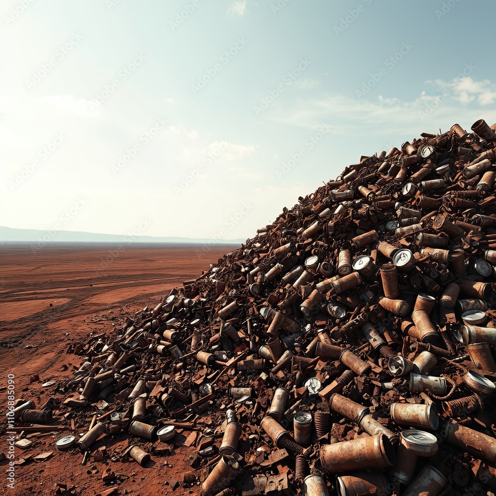 Large heap of scrap metal including aluminum cans in a barren landscape ...