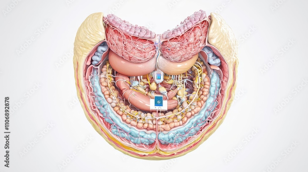 A 3D cross-sectional view of the human digestive system with an intra ...