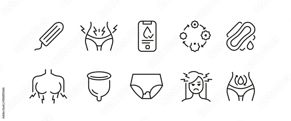 Menstruation icons. Set of 10 menstruation trendy minimal icons. Tampon ...