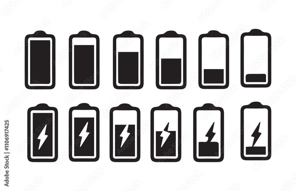 Battery symbols with fast charging, exclamation, low, plus, minus, tick ...