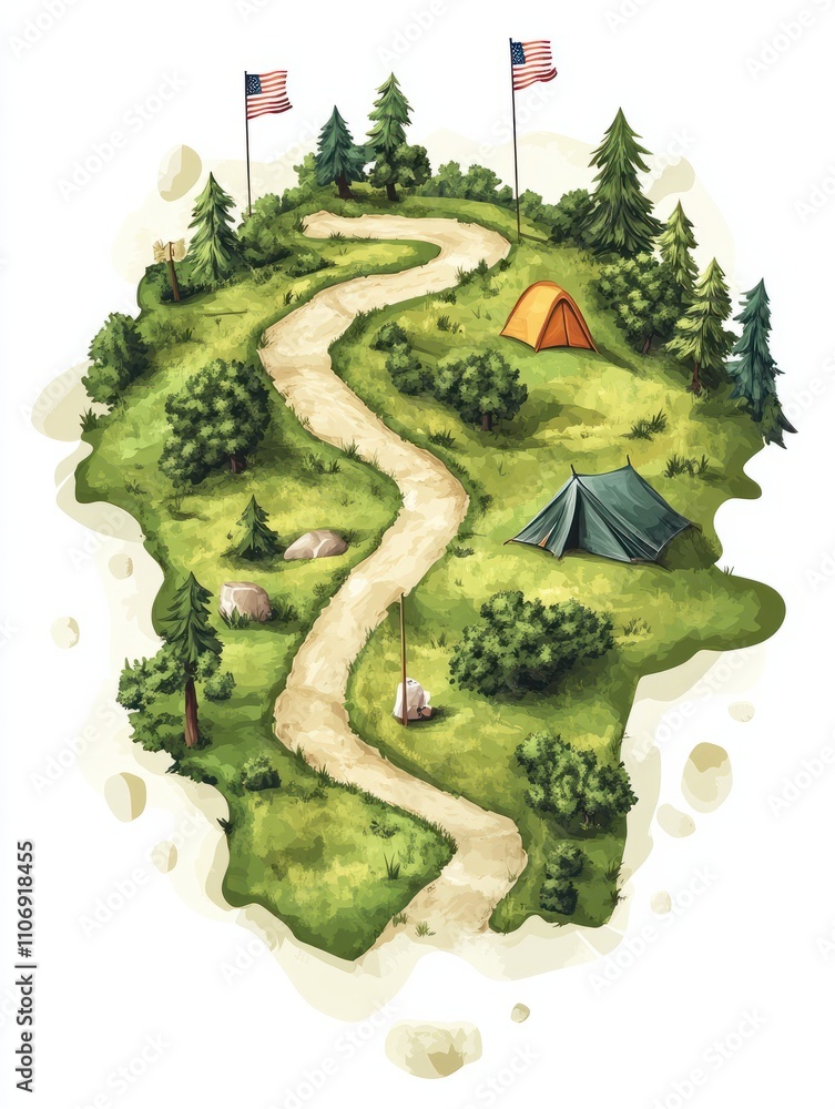Trail map. Tourists hiking footpath from start to finish with camping ...
