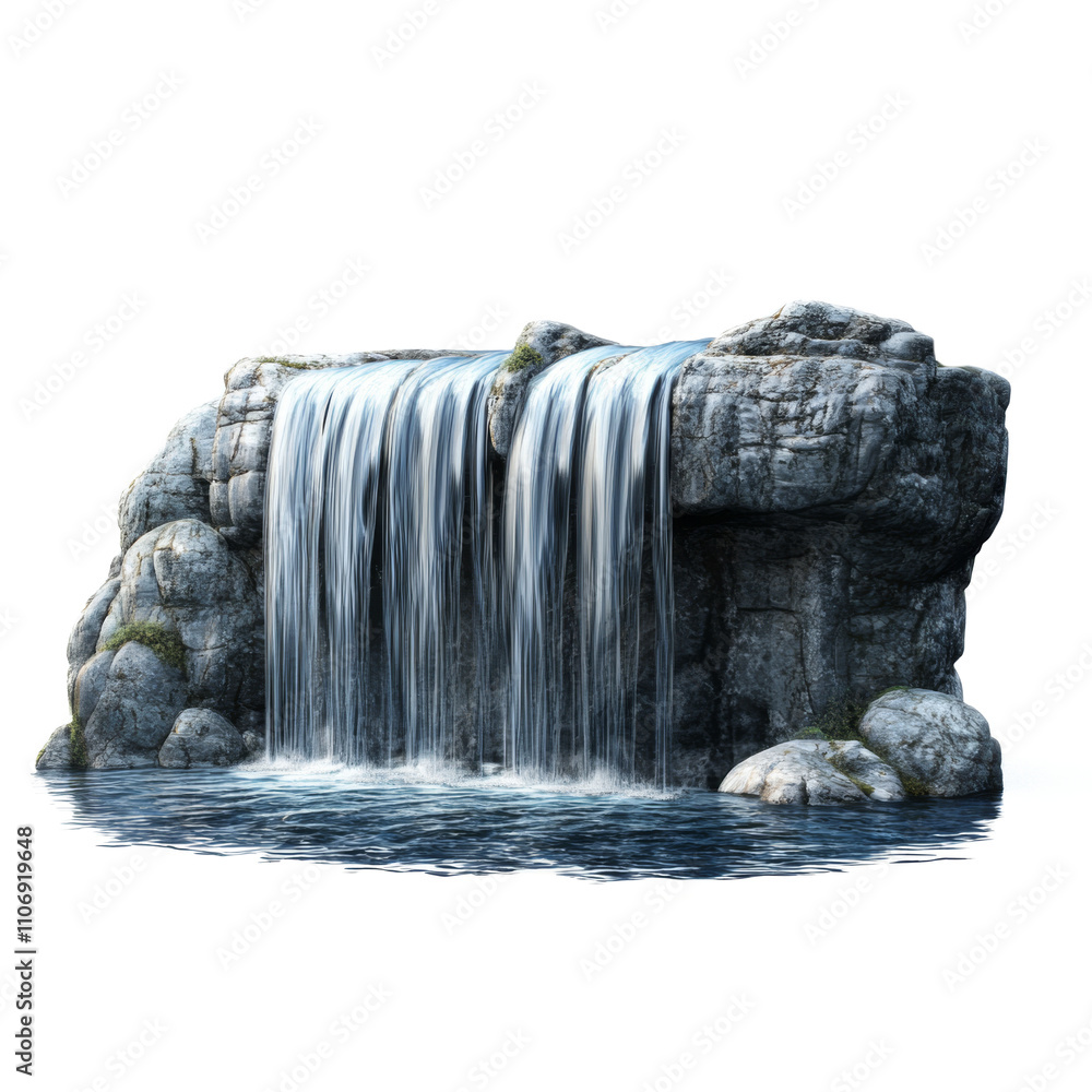 Water flowing over artificial rock formation. Small waterfall cascading ...
